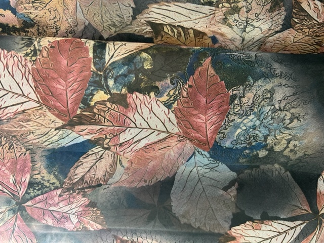 100% Polyester -(P13) Chiffon – Calbolt Blue with Autumn Rust leaves ...